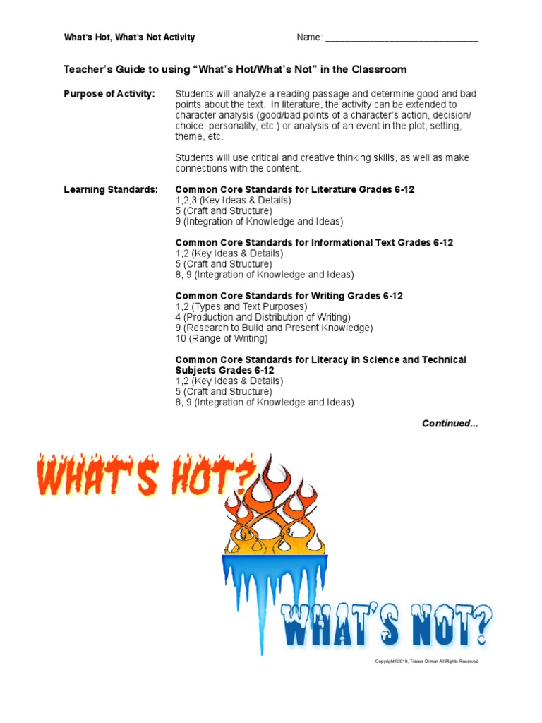 What's Hot? What's Not? Classroom Activity | PDF | Common Core State ...