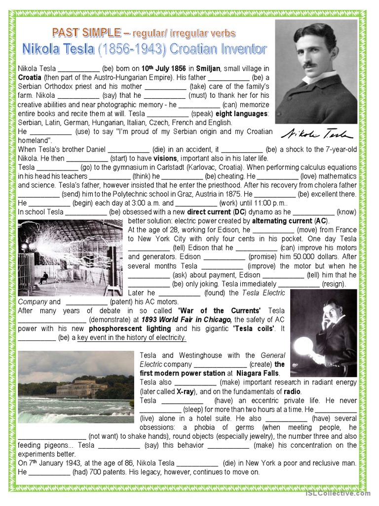 PAST SIMPLE (Put Verbs) - Nikola Tesla, Croatian Inventor | PDF ...