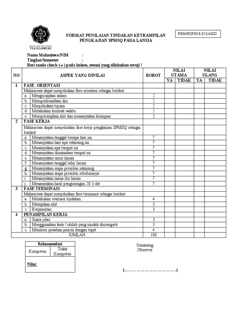 Pengkajian SPMSQ pada Lansia | PDF