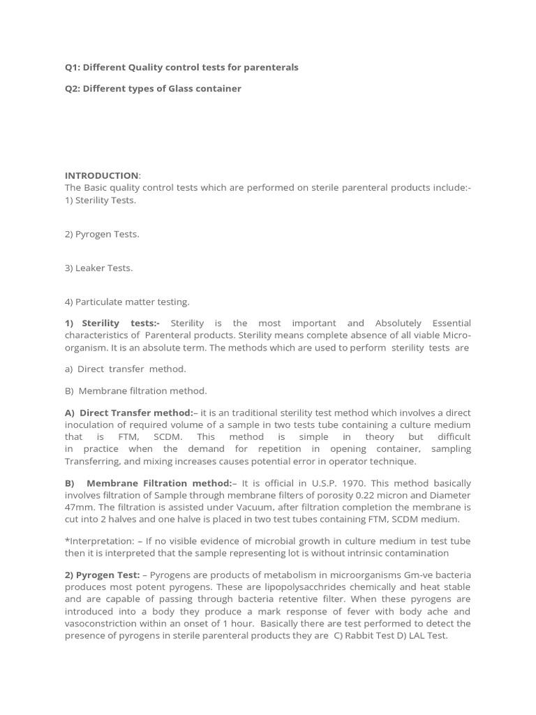 Parenteral Quality Control Test | PDF | Plastic | Glasses
