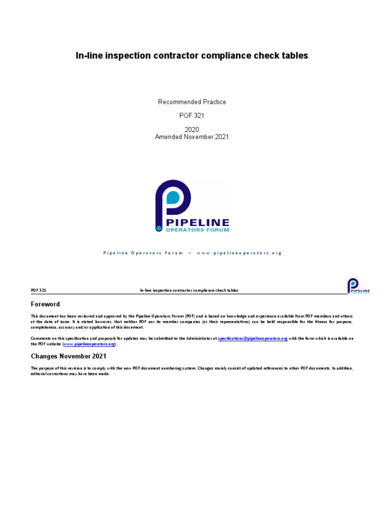 POF 321 ILI Contractor Compliance Check Tables - P - Nov 2021 | PDF ...