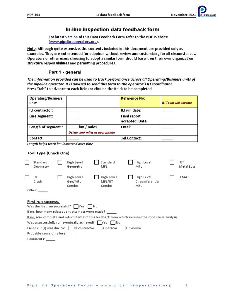POF 303 ILI Data Feedback Form - Nov 2021 | PDF | Reliability ...