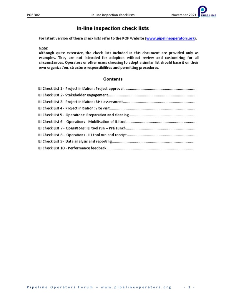 Preparing for a Comprehensive Pipeline In-Line Inspection: Checklists ...