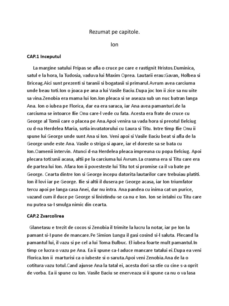 Rezumat Pe Capitole. Ion: CAP.1 Inceputul | PDF