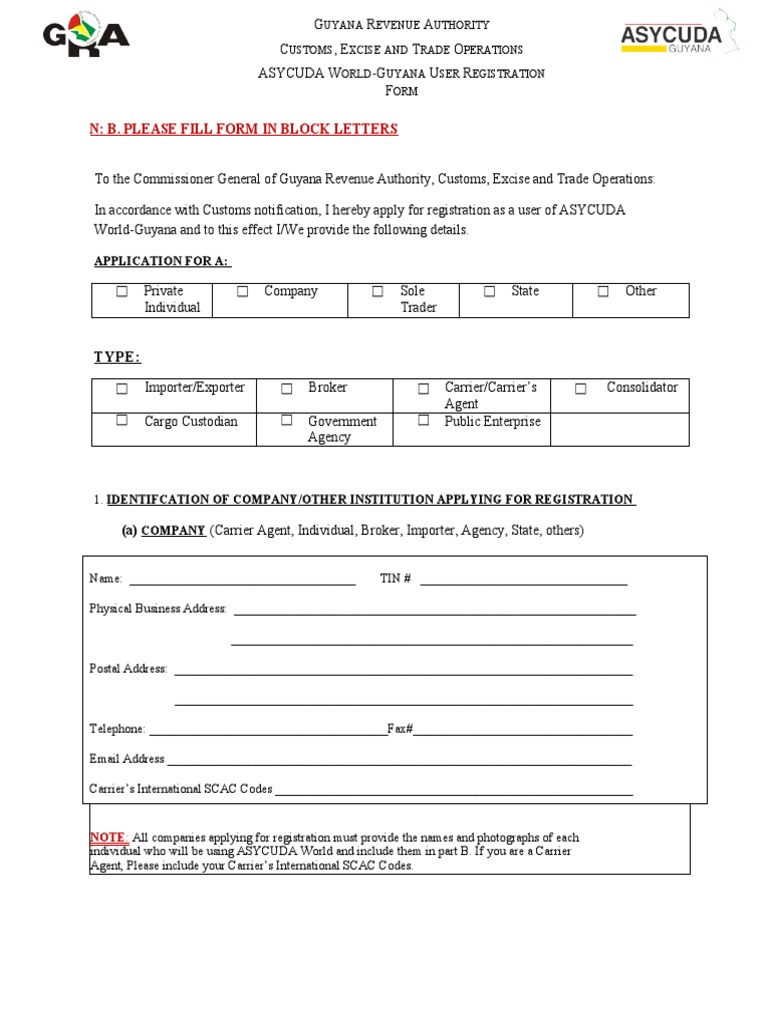 ASYCUDA World-Guyana Registration Form | PDF | User (Computing) | Customs