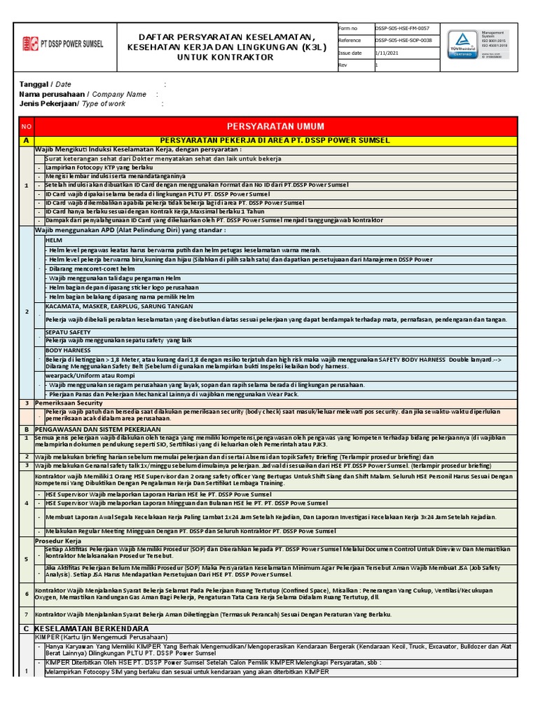 DSSP-S05-HSE-FM-0057 Daftar Persyaratan K3L Untuk Kontraktor | PDF