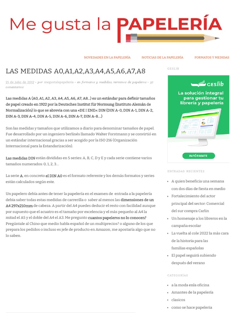 Las Medidas A0, A1, A2, A3, A4, A5, A6, A7, A8 - Me Gusta La Papeleria ...