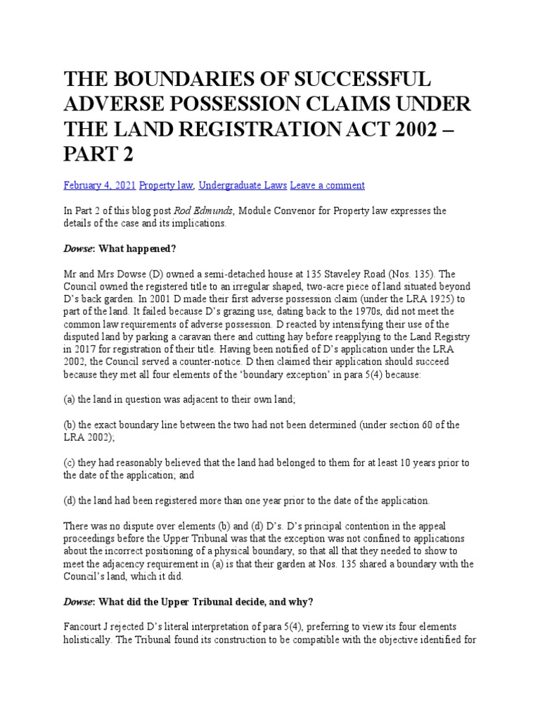 The Boundaries of Successful Adverse Possession Claims Under The Land ...