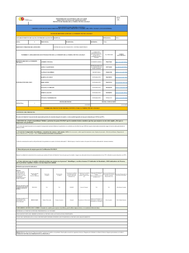 Hoja de Ruta-Proyecto de Mejora Norma Tecnica Esamyn. Cs Conocoto Final | PDF | Amamantamiento ...