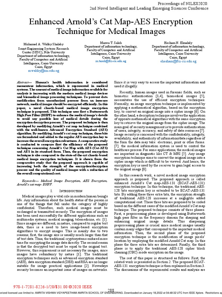 Enhanced Arnolds Cat Map-AES Encryption Technique For Medical Images | PDF | Cryptography ...