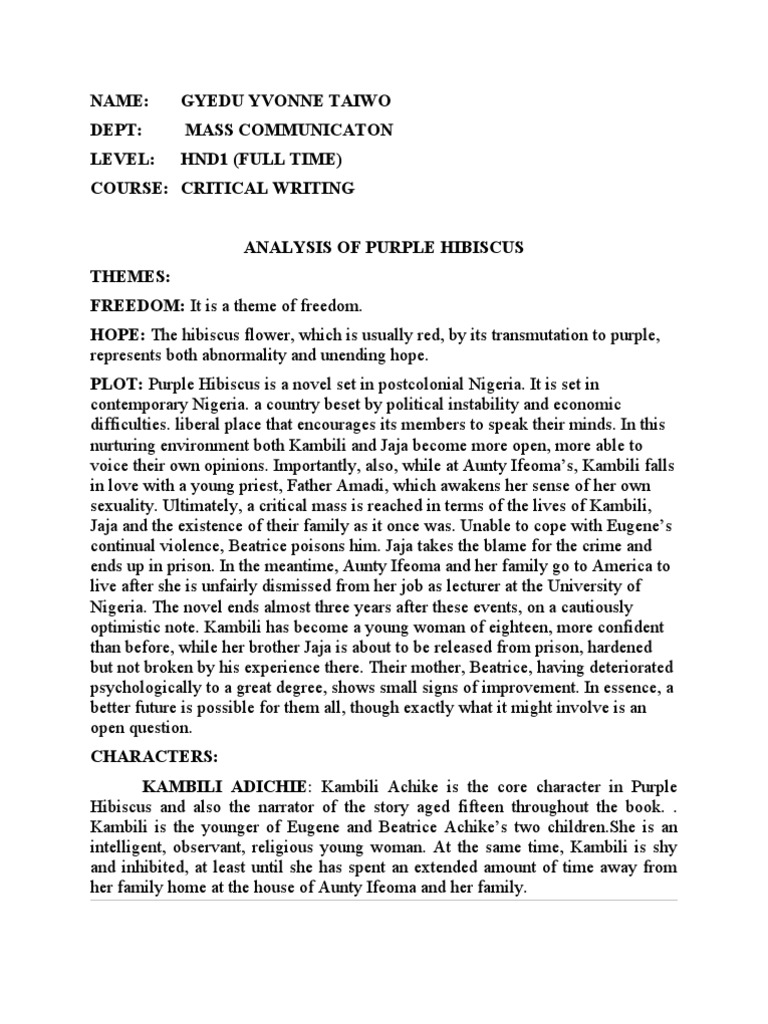 Characters in The Purple Hibiscus | PDF