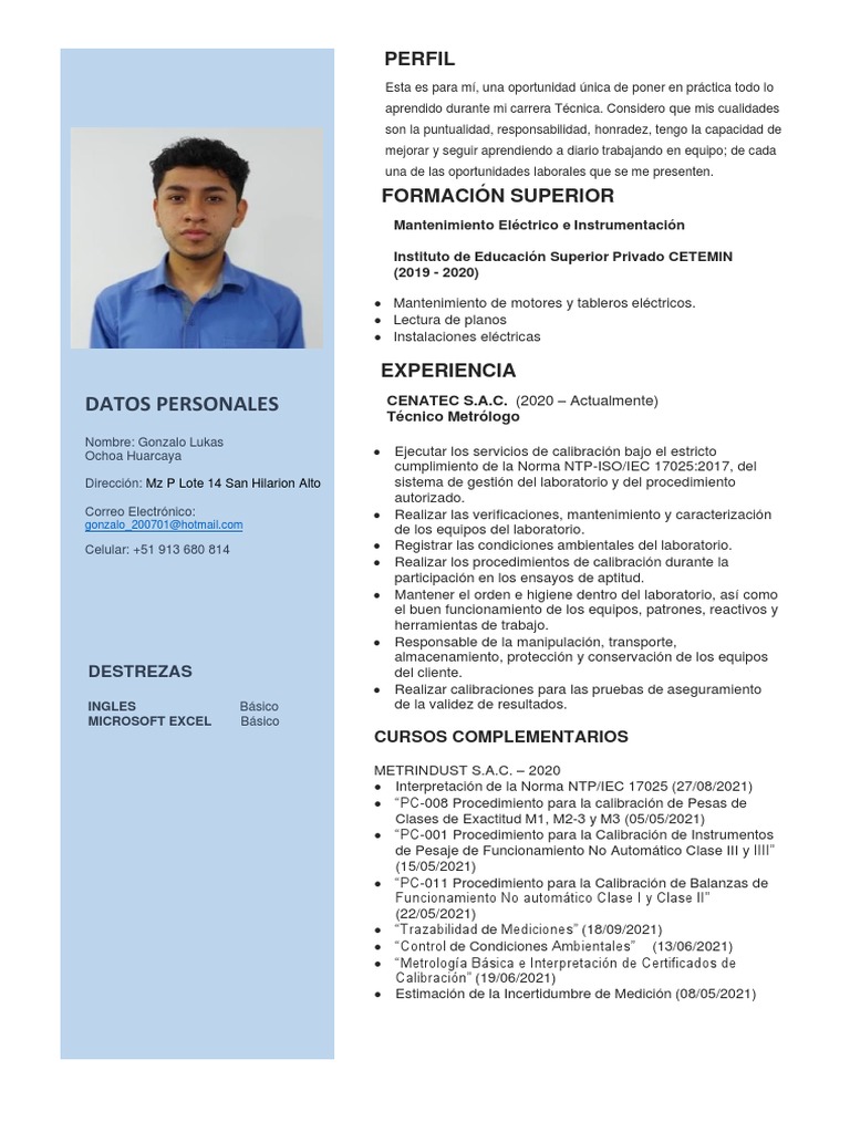 CV Gonzalo | PDF | Calibración | Metrología