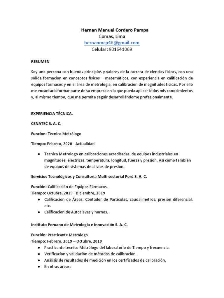 CV Hernan | PDF | Metrología | Calibración