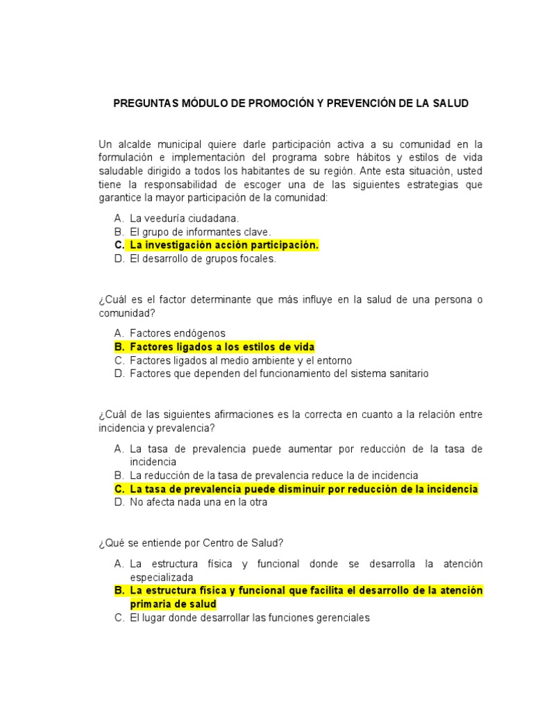 Preguntas Módulo de Promoción y Prevención de La Salud | Descargar ...
