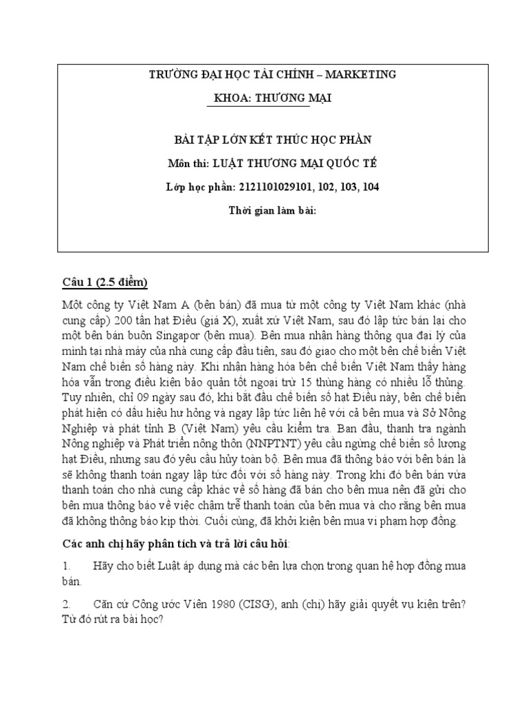 Đe Thi Luật Tmqt - Học Kỳ 1 Năm 2022 | PDF