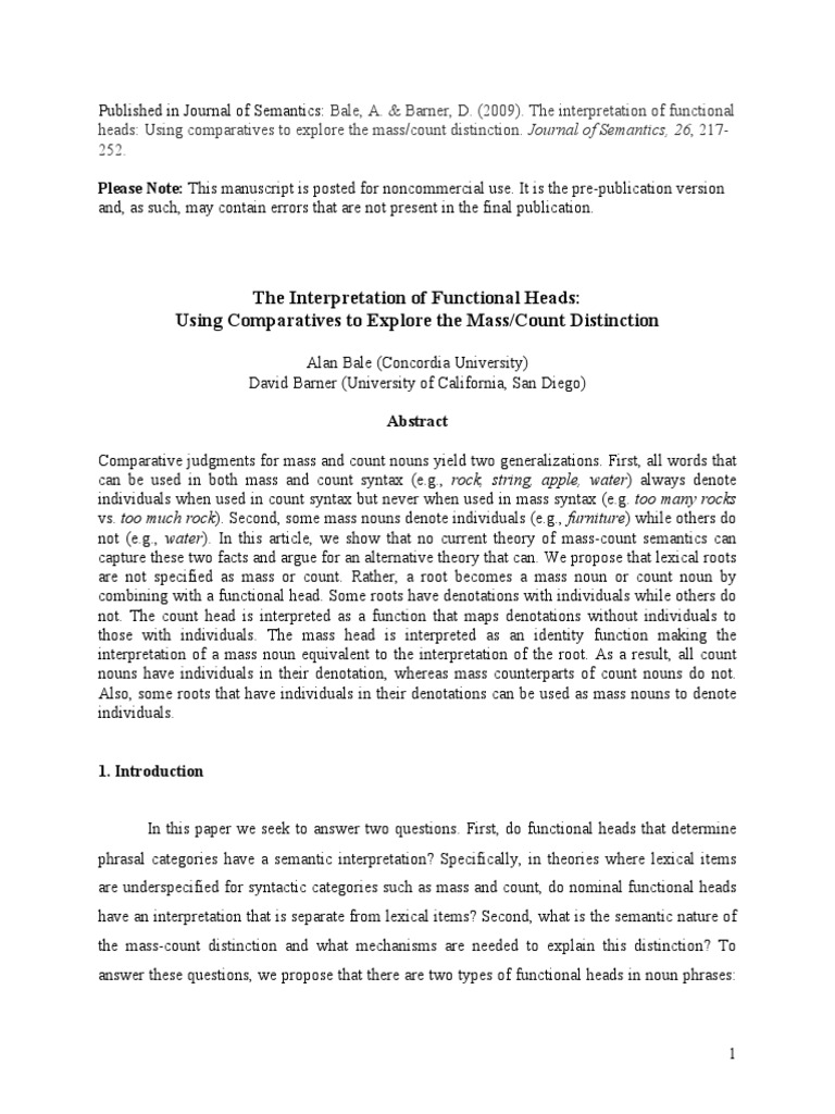 Bale & Barner (2009) | PDF | Noun | Lexical Semantics