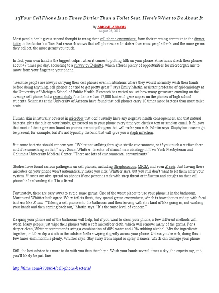 Cell Phone Germs: 10x Dirtier Than Toilets | PDF | Microorganism | Bacteria