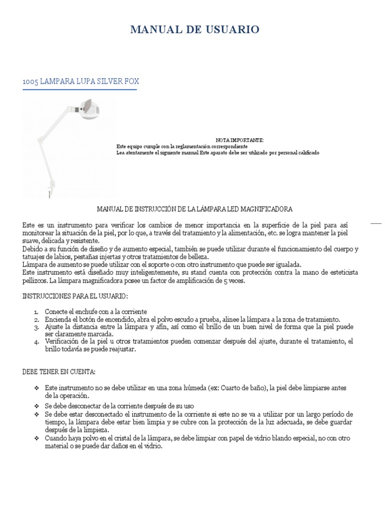 Manual Lámpara Lupa Silver Fox-1005 | PDF | Diodo emisor de luz | Lentes