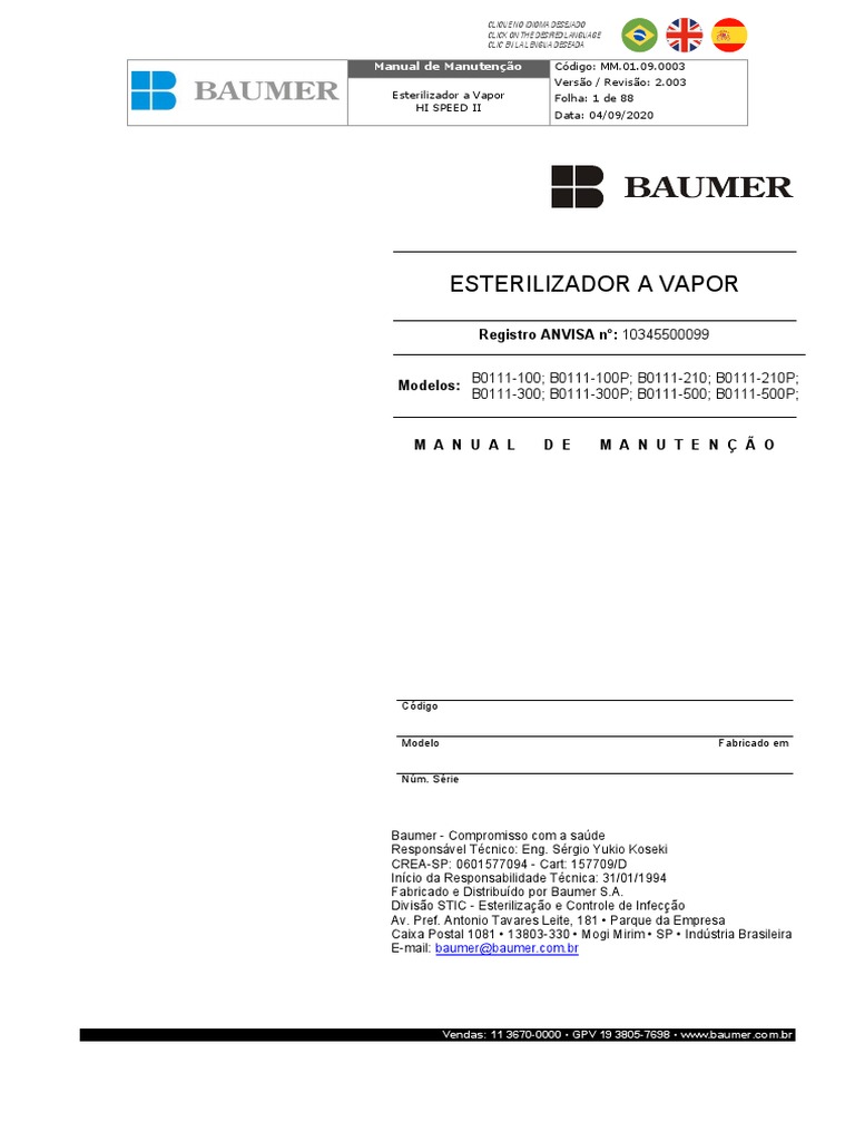 Autoclave Baumer Hi Speed II Manual de Manutenção | PDF | Parafuso ...