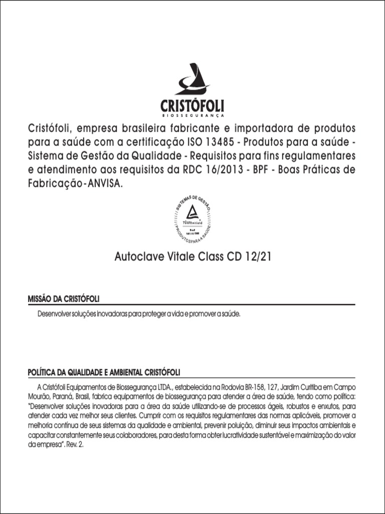 Autoclave Cristófoli Vitali Class Manual de Operação | PDF ...