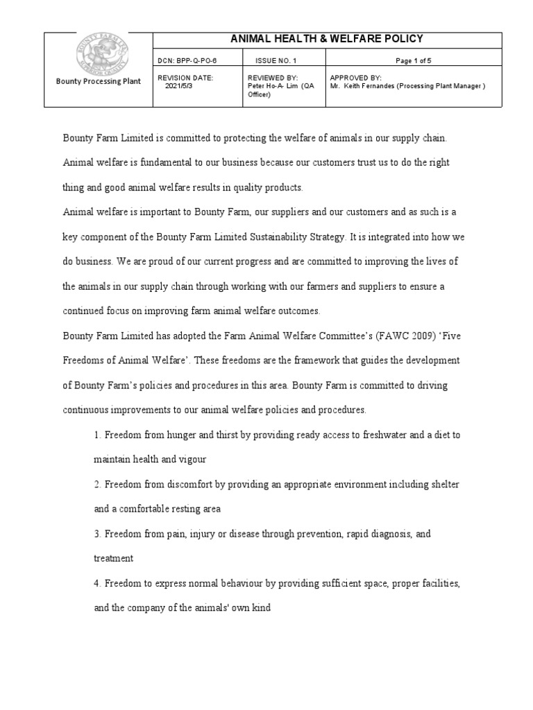 BPP Q PO 6 Animal Welfare Policy | PDF | Animal Welfare | Supply Chain