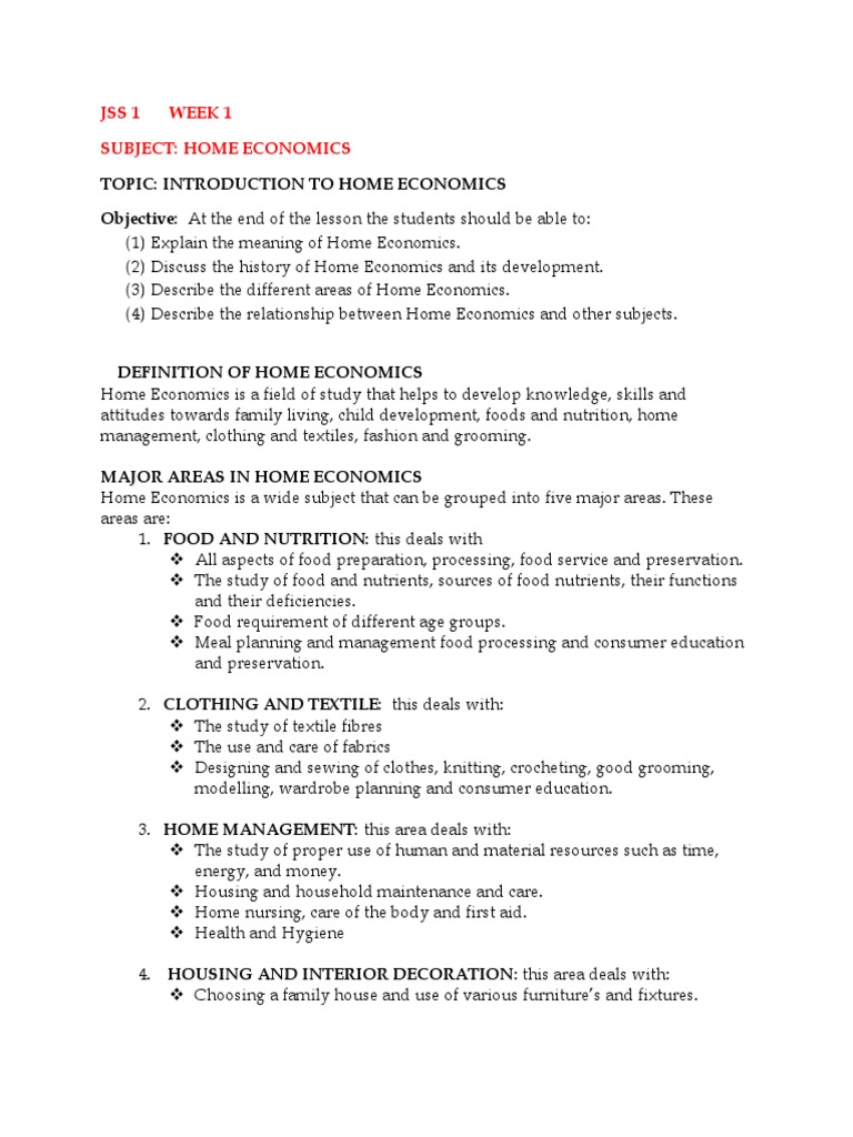 Jss Home Economics Week 1 Introduction To Home Economics 2021 ...