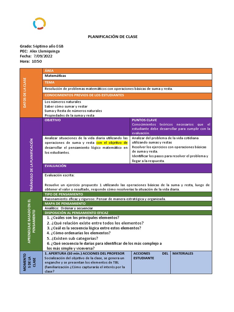 Planificación Enseña Ecuador Tarea 3 (Alex) | PDF | Pensamiento | Evaluación