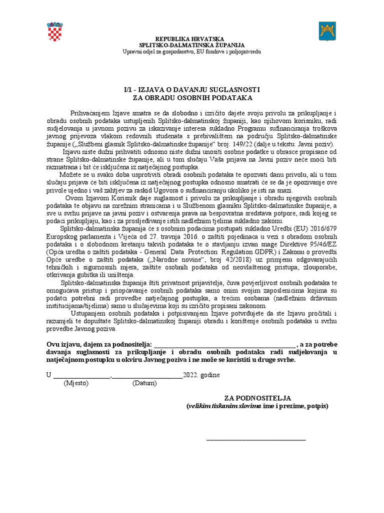 6 Izjava o Davanju Suglasnosti Za Obradu Osobnih Podataka | PDF