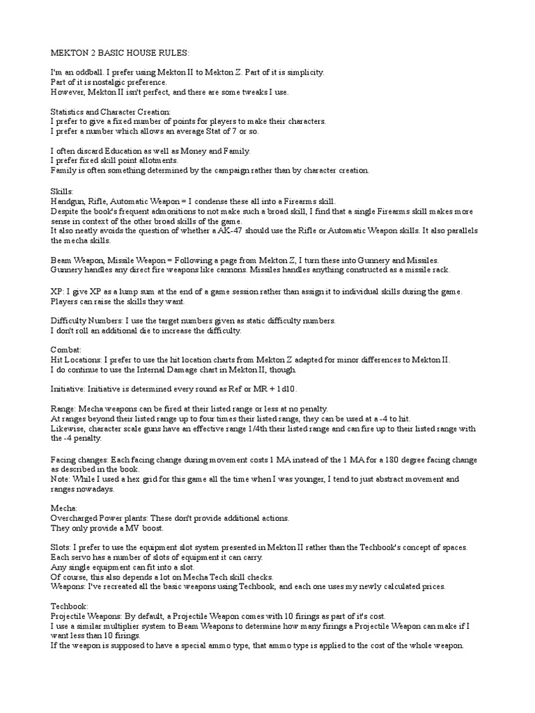 Mekton II House Rules Guide | PDF | Military | Firearms