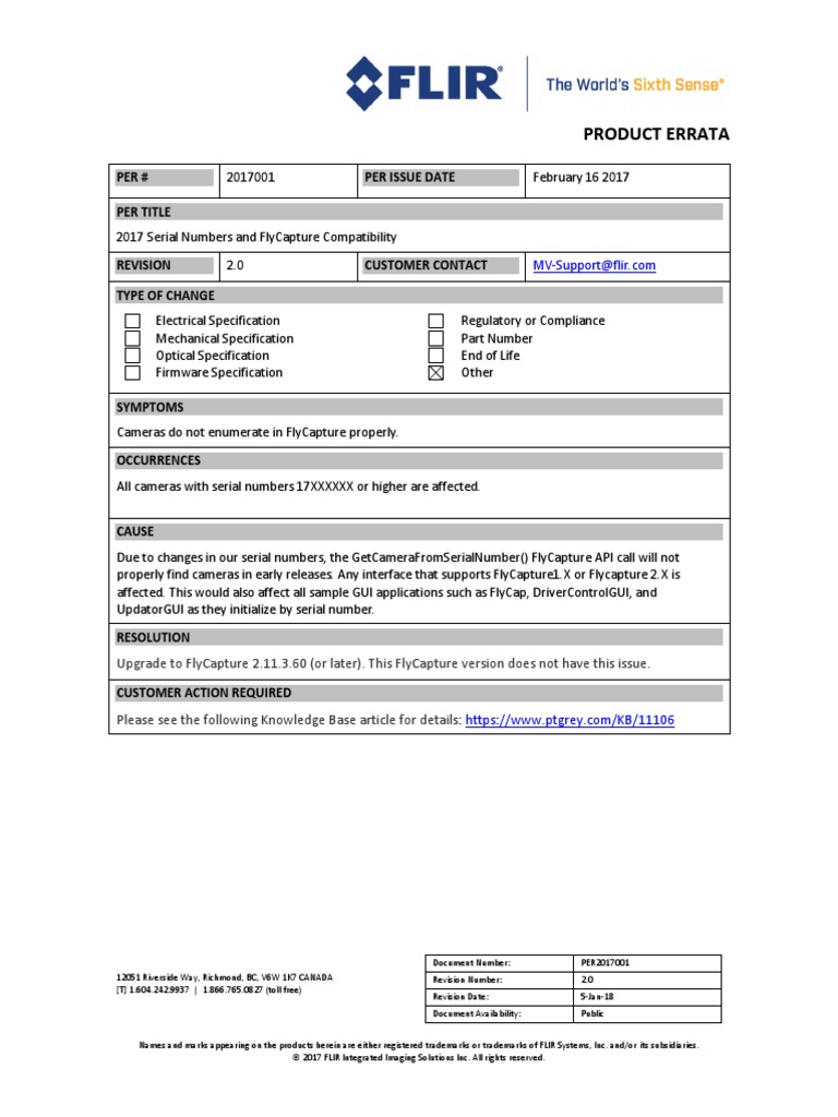 PER2017001 - 2017 Serial Numbers and FlyCapture2 Compatibility | PDF