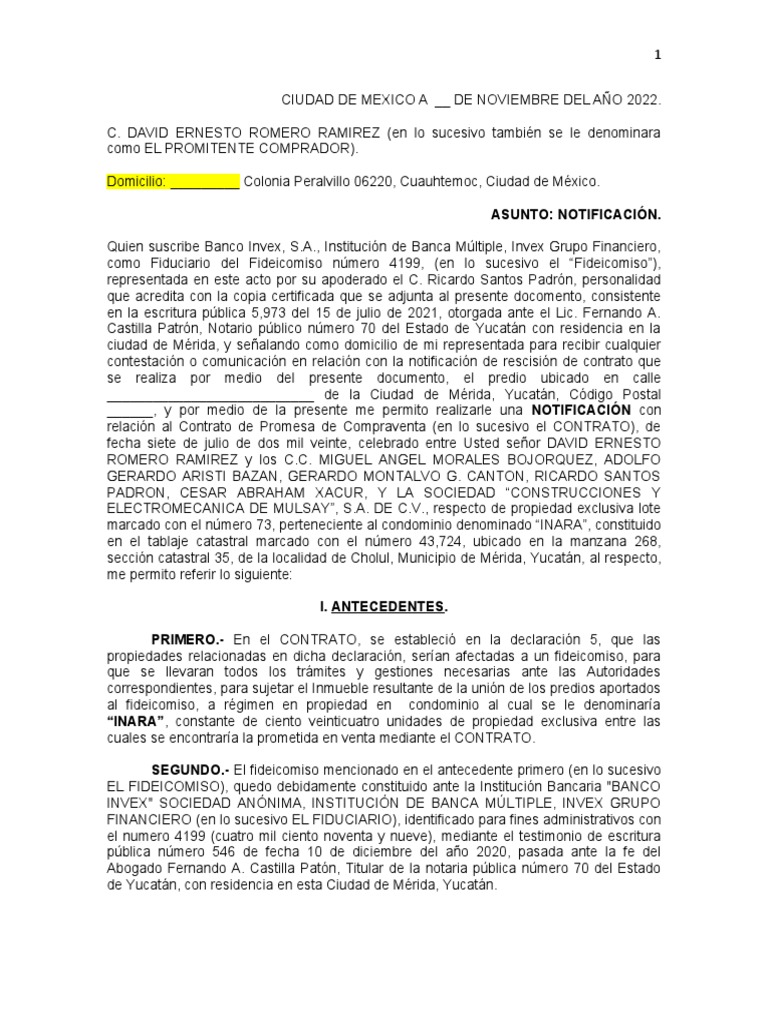 Notificación de Rescisión David Ernesto Romero Ramirez-2 (18343) | PDF ...