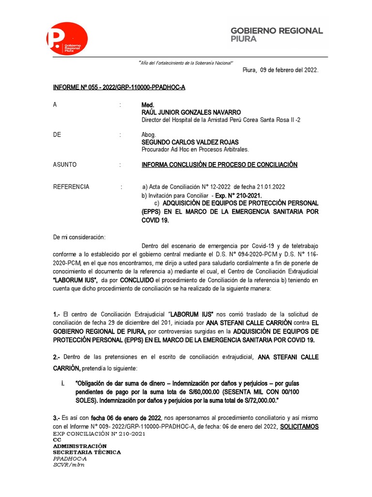 Comunica Acta de Conciliacion Exp 210-2021 Ana Stefani Calle OK | PDF