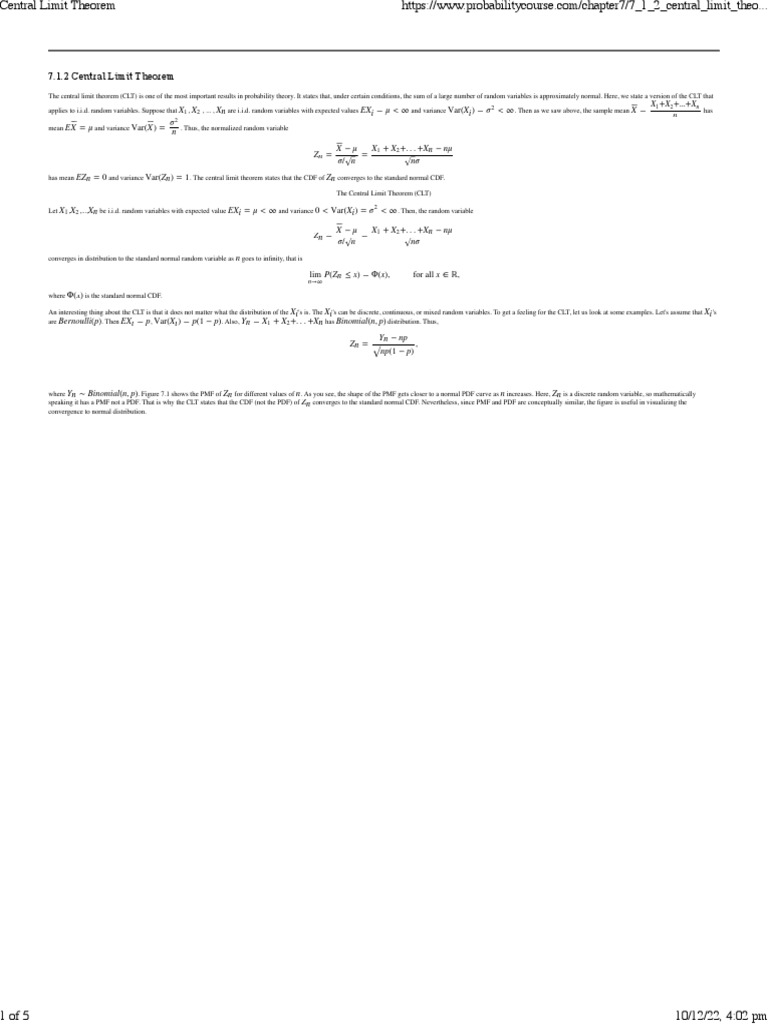 Central Limit Theorem | PDF | Normal Distribution | Variance