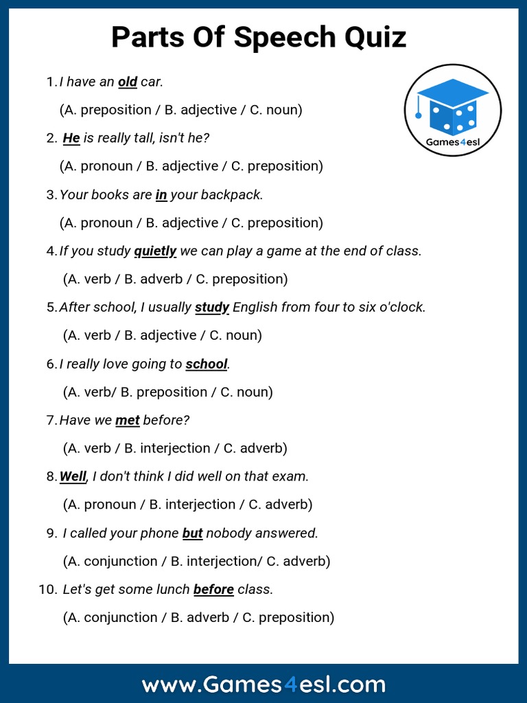 Parts of Speech Quiz With Answers PDF | PDF