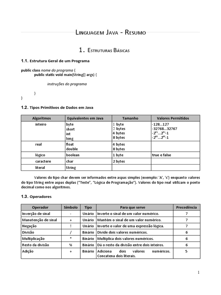 Resumo Da Linguagem Java | Download grátis PDF | Algoritmos | Ciência ...