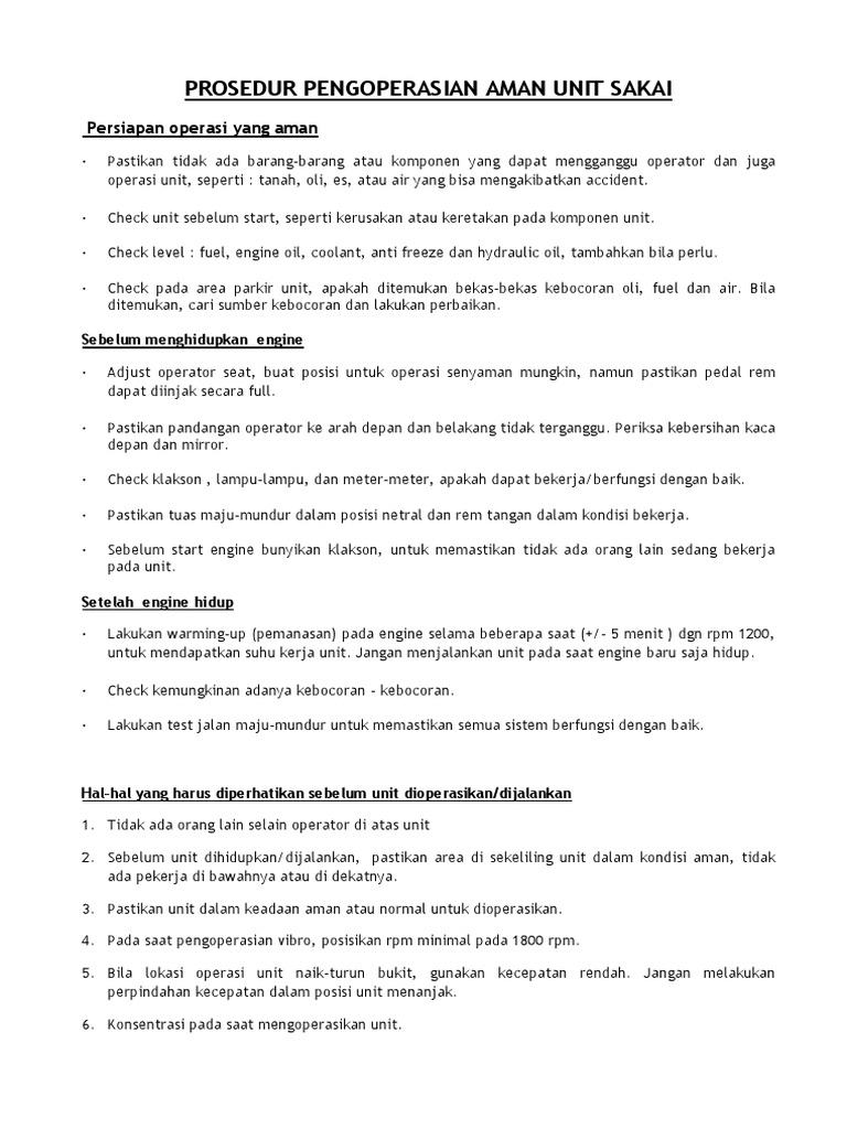 Prosedur Aman Operasi Unit Sakai | PDF