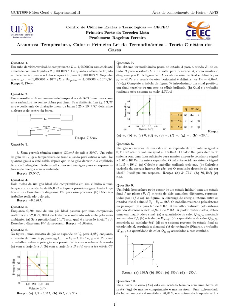 Lista3 Fisica2 | PDF | Gases | Temperatura
