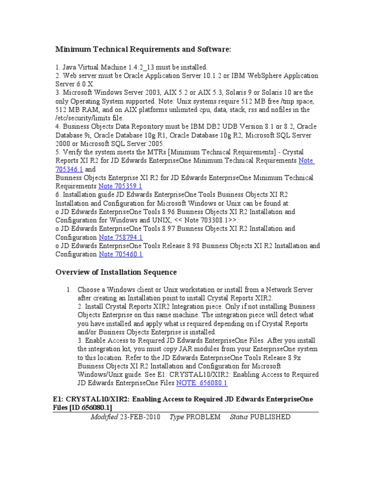 Minimum Technical Requirements and Software:: Note 705346.1 Note 705359 ...