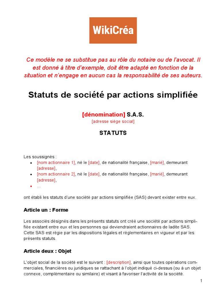 Modèle Exemple Statuts SAS | PDF | Action (Finance) | Actionnaire