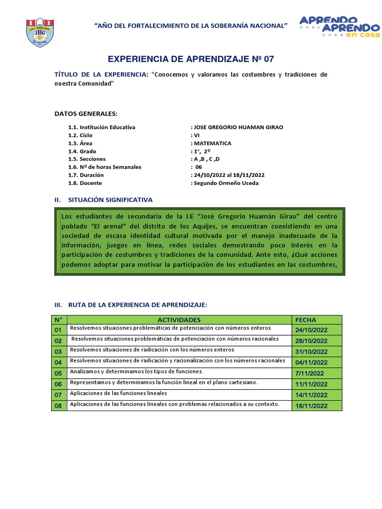 Experiencia #07 Vi Ciclo - JHG Primero y Segundo | PDF | Números | Ecuaciones