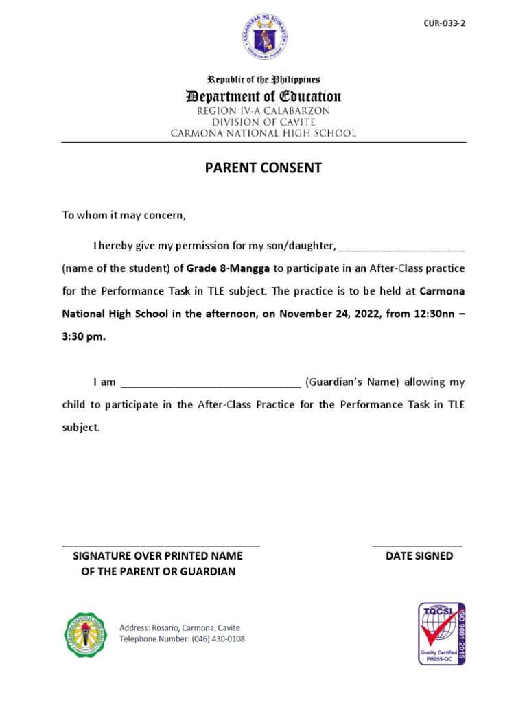 Parent Consent for After-Class Practice | PDF