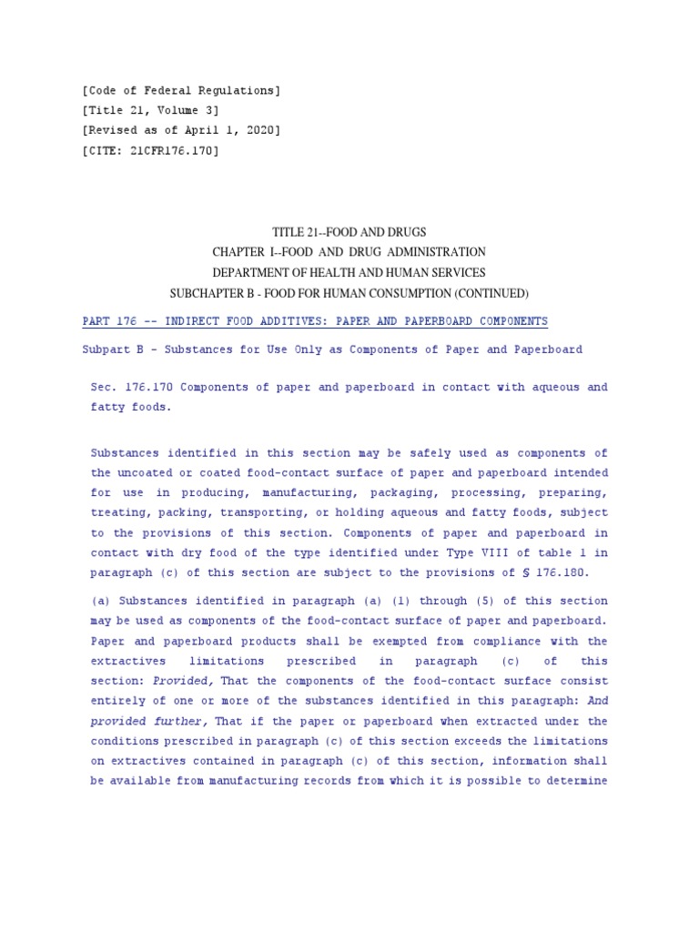 FDA 21 CFR 176.170: Food-Contact Paper | PDF | Paper | Copolymer