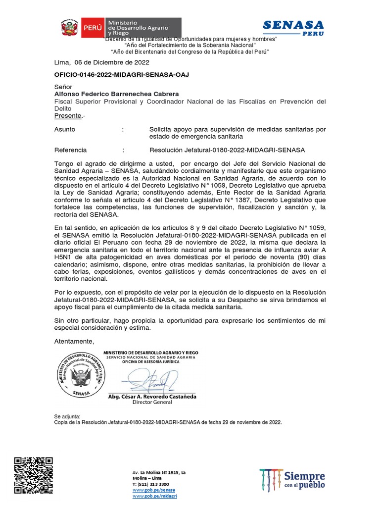 Oficio 0146 2022 Midagri Senasa Oaj | PDF | Perú | Gobierno