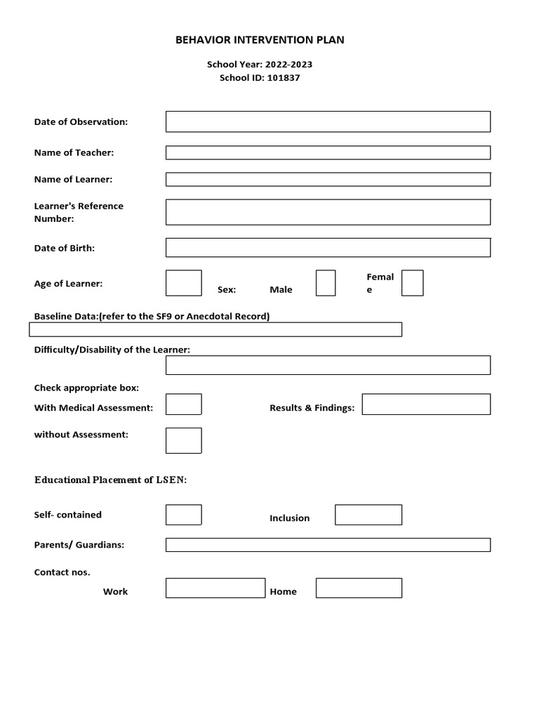 Behavior Intervention Plan | PDF | Psychology | Behavioural Sciences