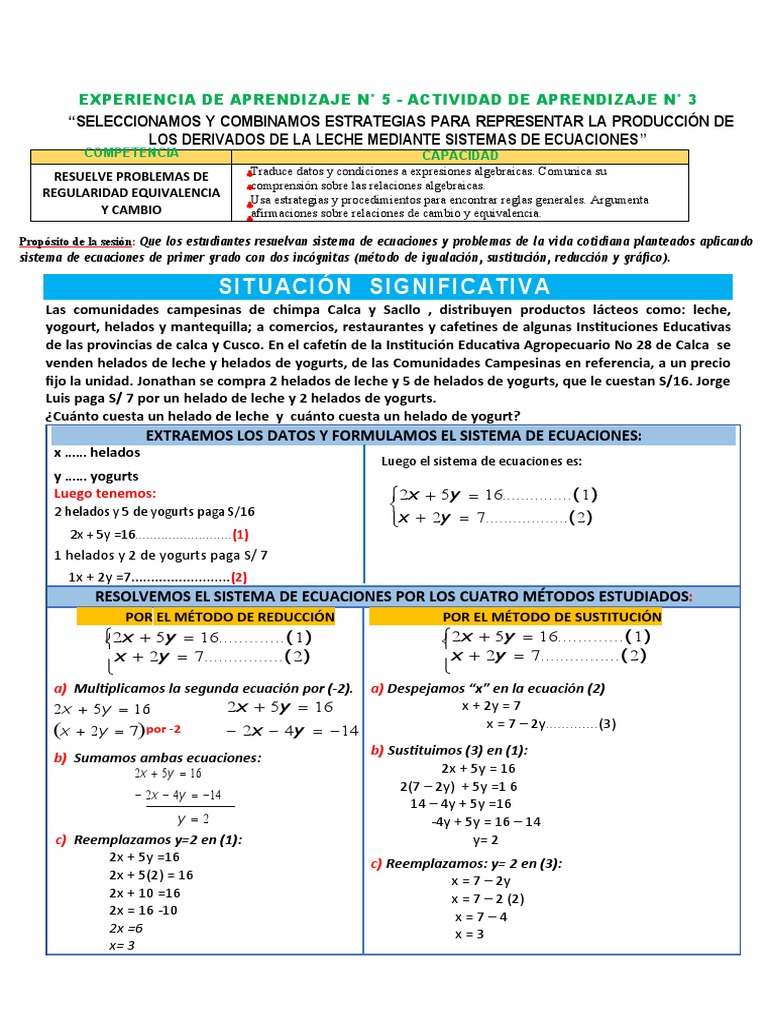 Experiencia de Aprendizaje N 4 - Actividad de Aprendizaje N 3 | PDF | Sistema de ecuaciones ...