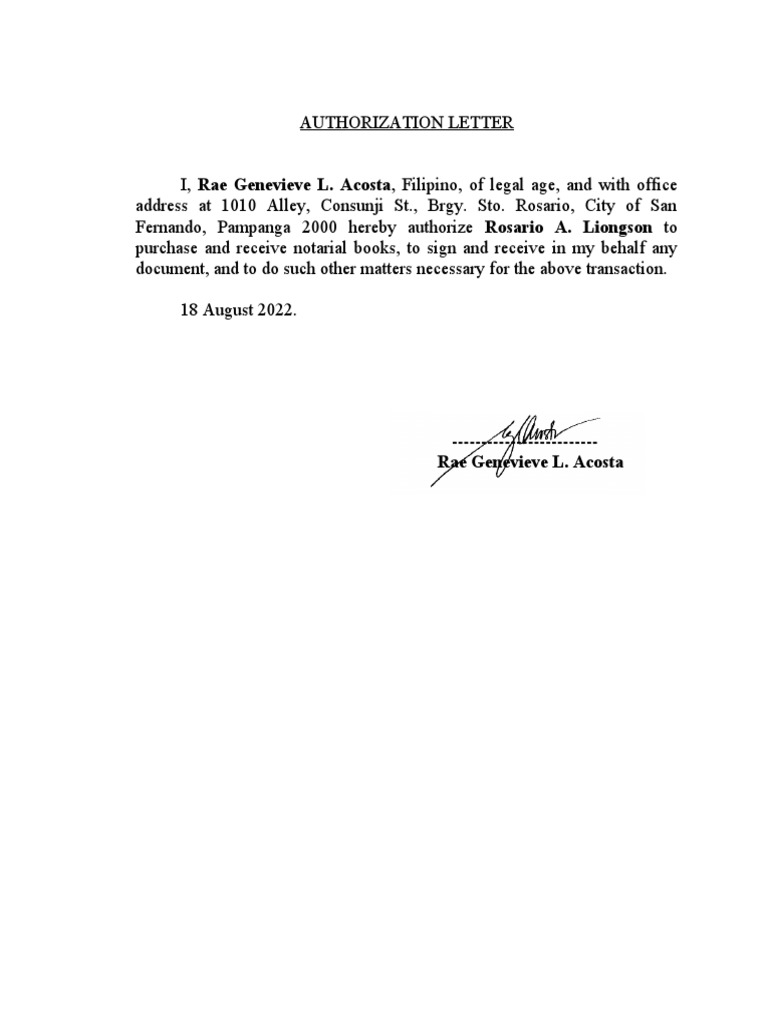 Authorization letter for notarial book purchase | PDF