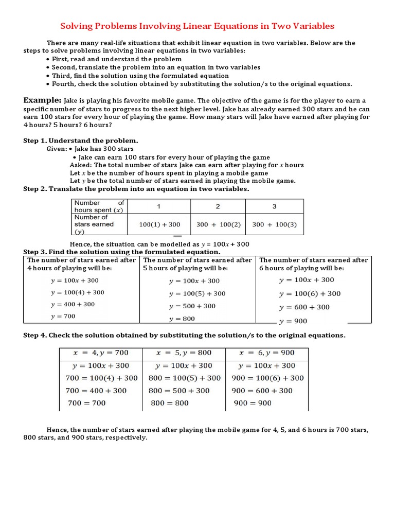 Solving Problems Involving Linear Equations in Two Variables | PDF