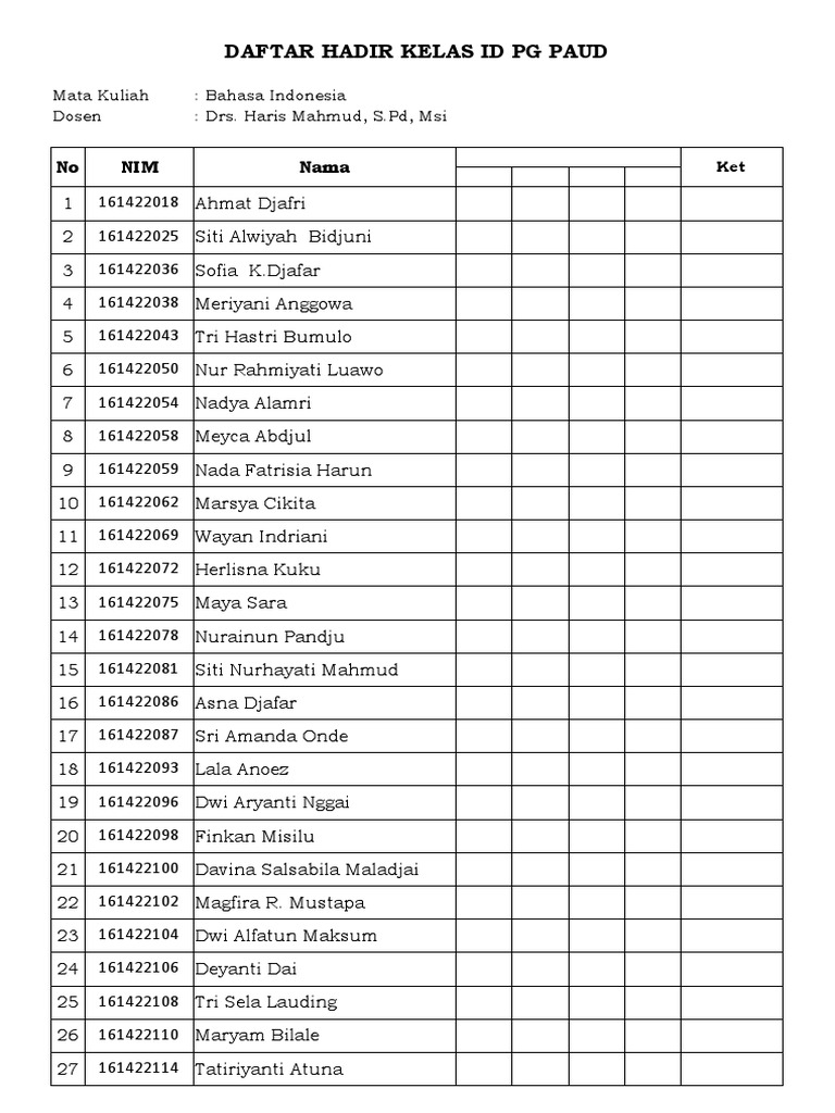 Daftar Hadir Kelas PAUD | PDF