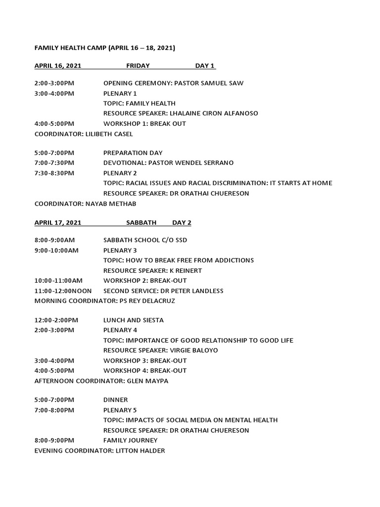 SSD Family Health Camp 2021-Tentative Schedule | PDF