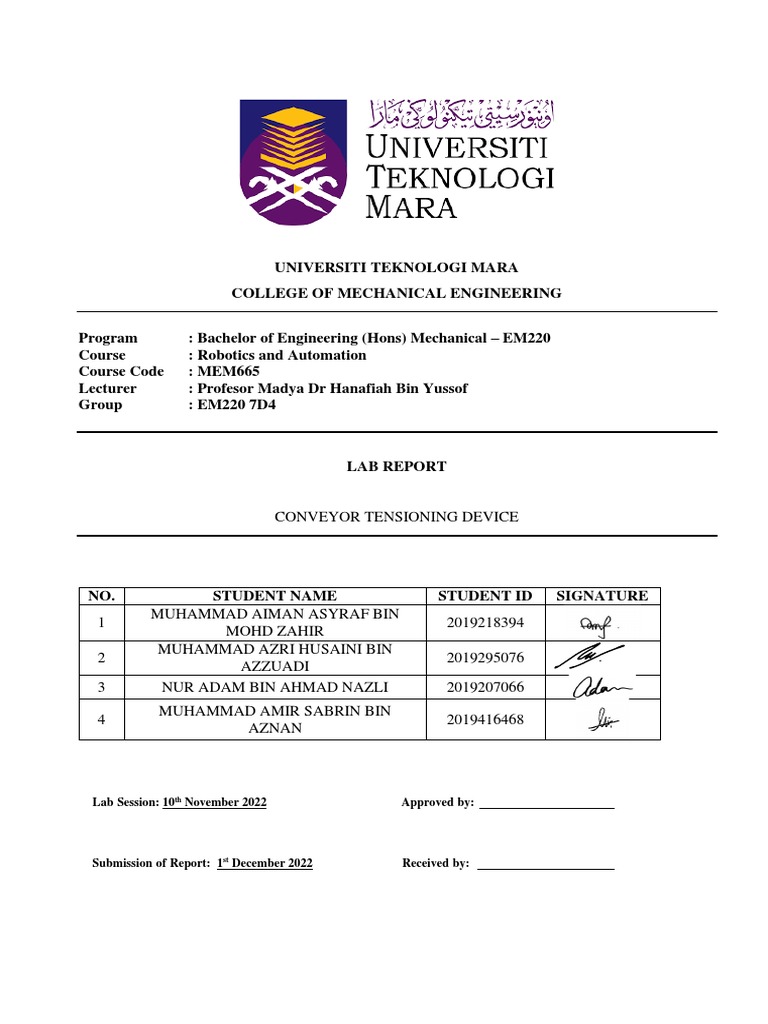 Lab Report 3 Conveyor Tensioning Device | PDF Lab Report 3 Conveyor Tensioning Device | PDF